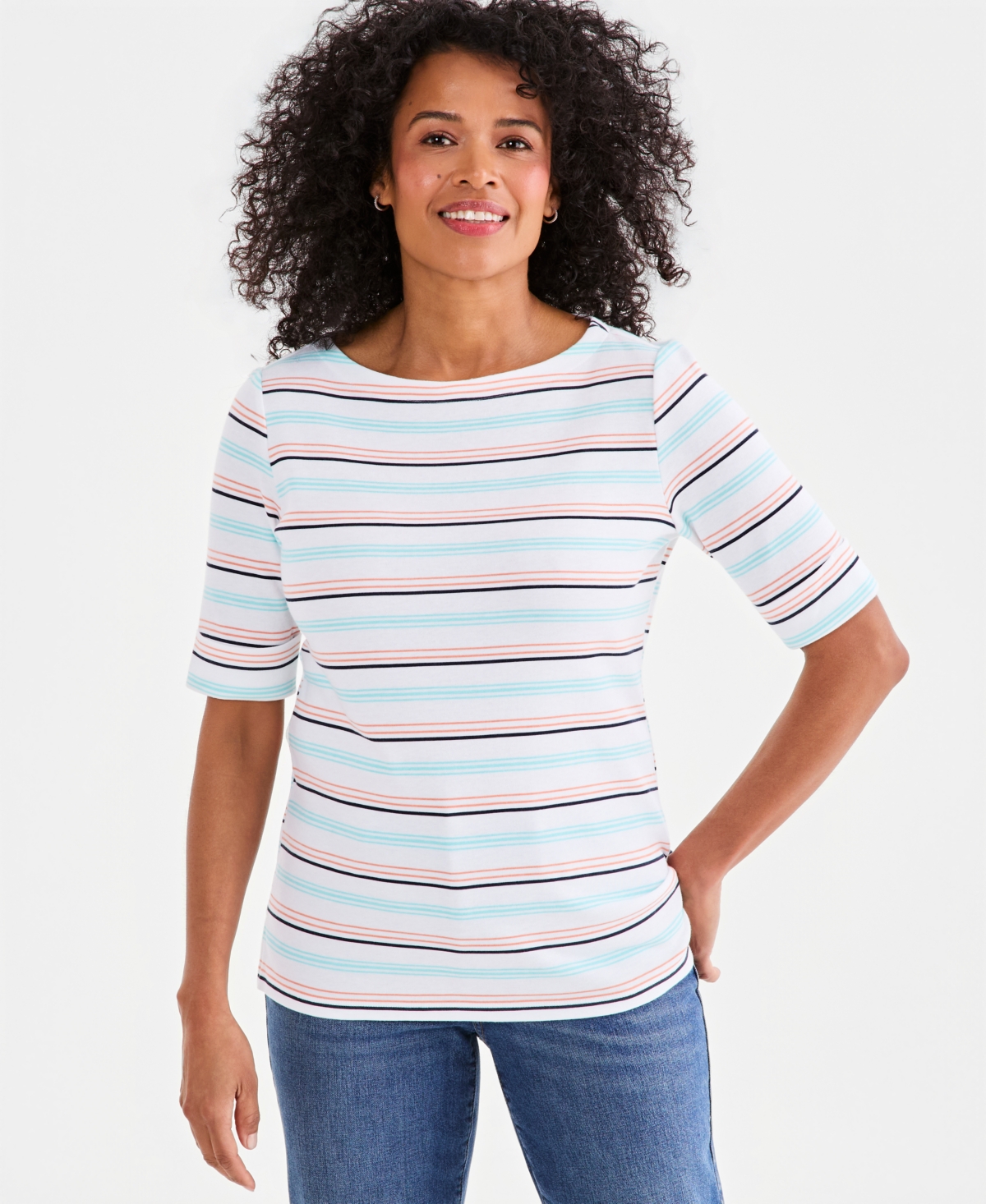 Click here for Style & Co Womens Printed Boat-Neck Elbow-Sleeve T... prices