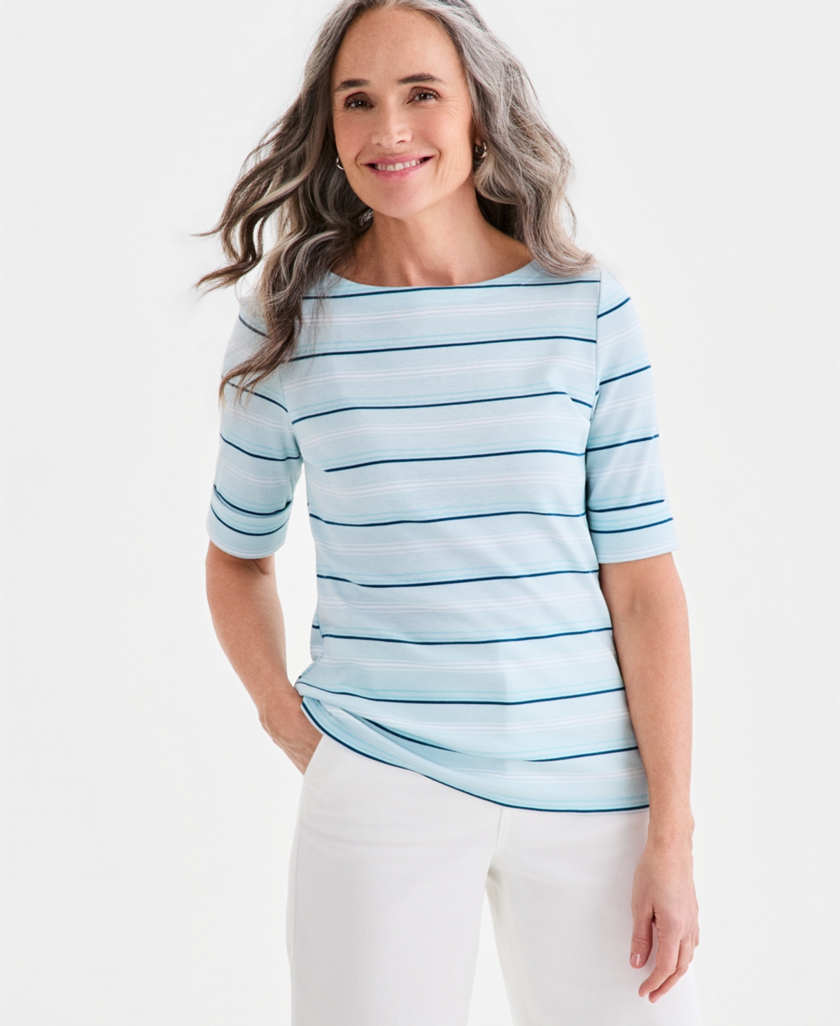 Click here for Style & Co Petite Elbow-Sleeve Kelly Stripe Boat N... prices