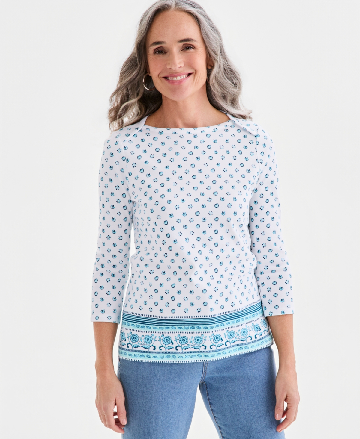 Click here for Style & Co Petite Pima Dancing Flora Boat Neck Cot... prices