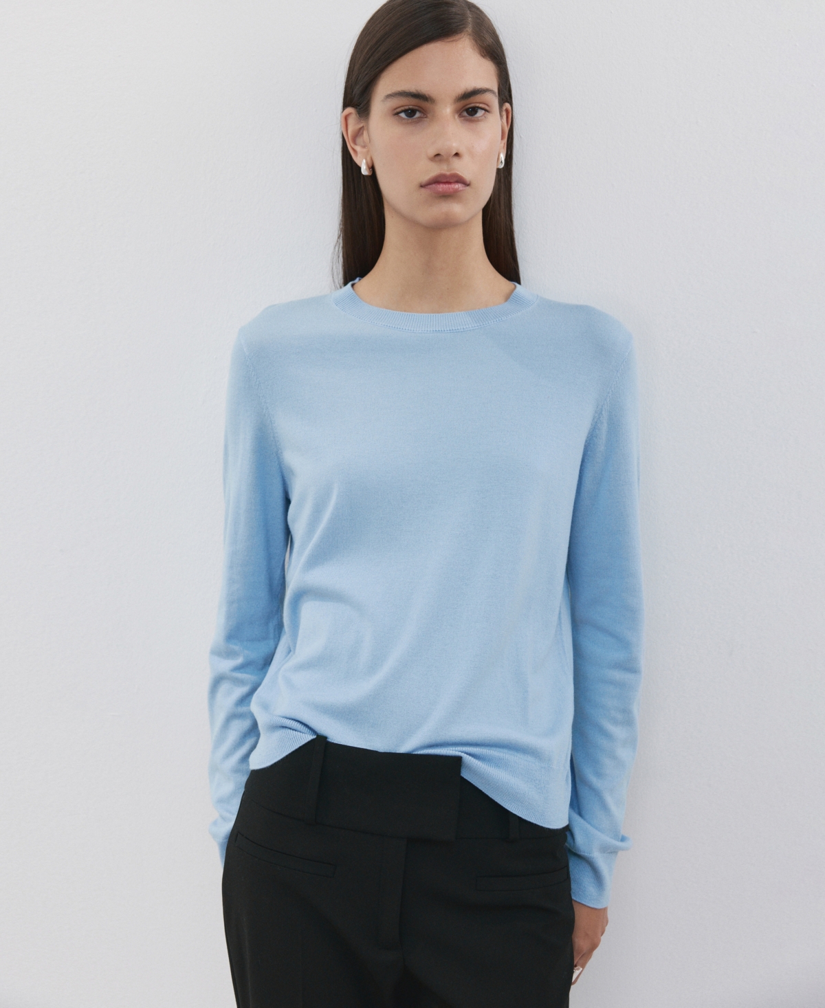 Click here for Mango Womens Round-Neck Knitted Sweater - Sky Blue prices