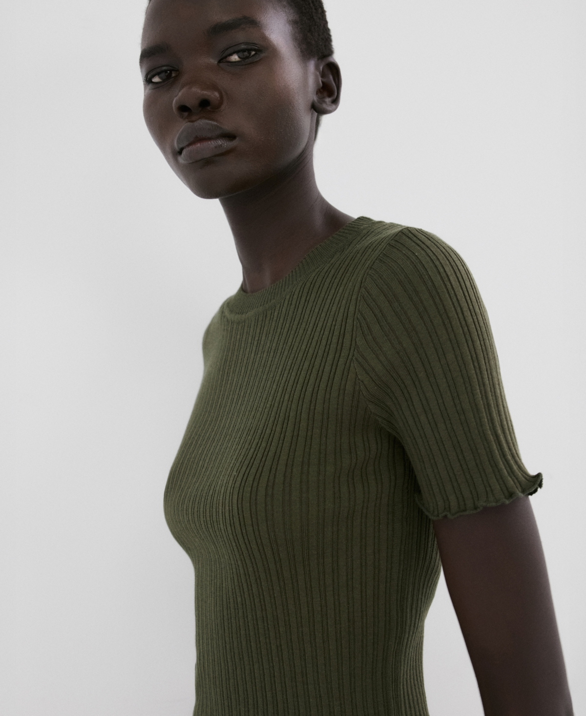 Click here for Mango Womens Ribbed Knit T-Shirt - Khaki prices