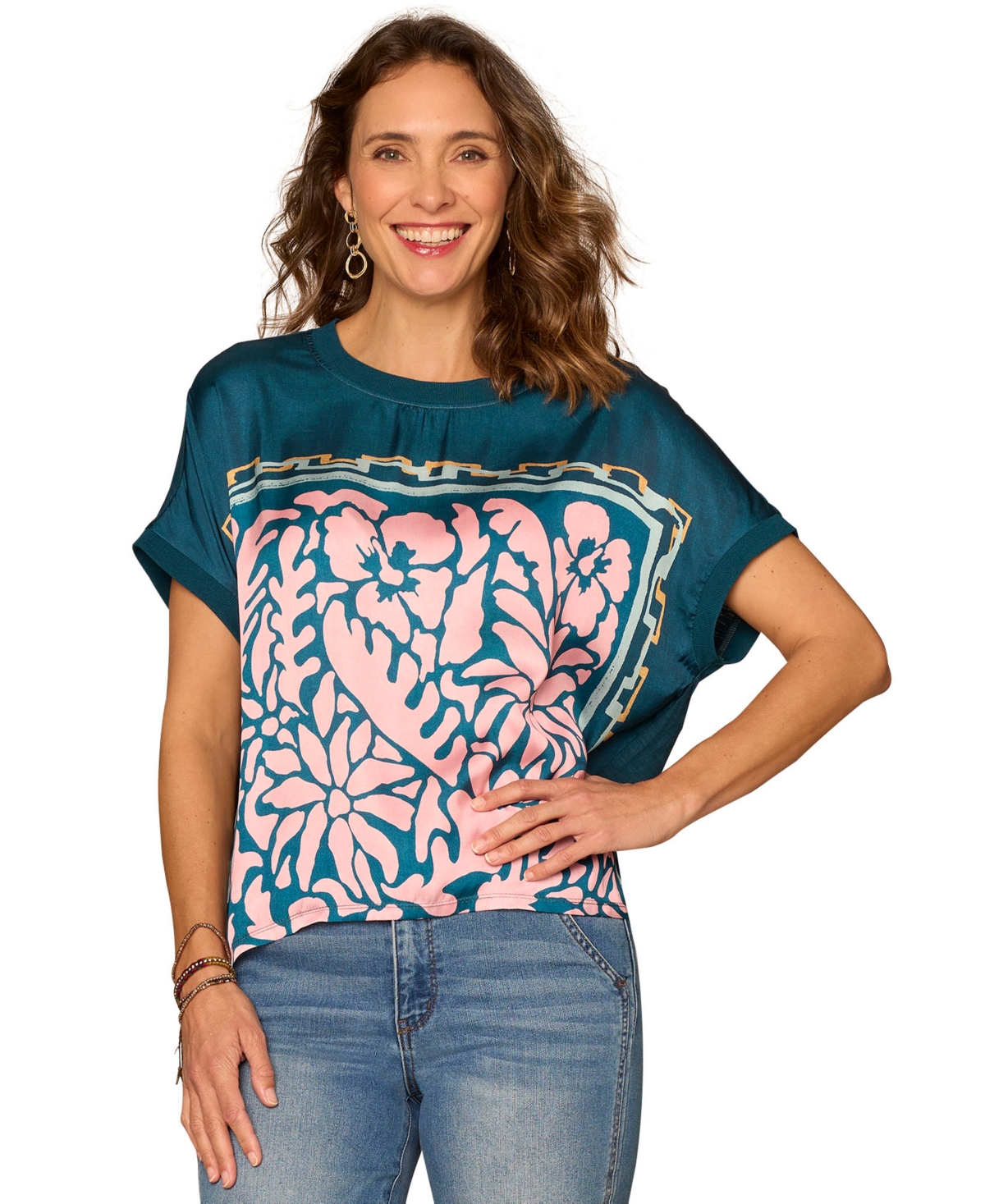 Click here for Democracy Petite Mixed-Media Crewneck Knit Top - B... prices