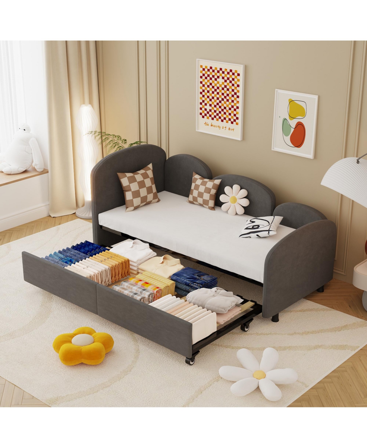 Click here for flynama Velvet Flower Daybed With Trundle - Grey prices
