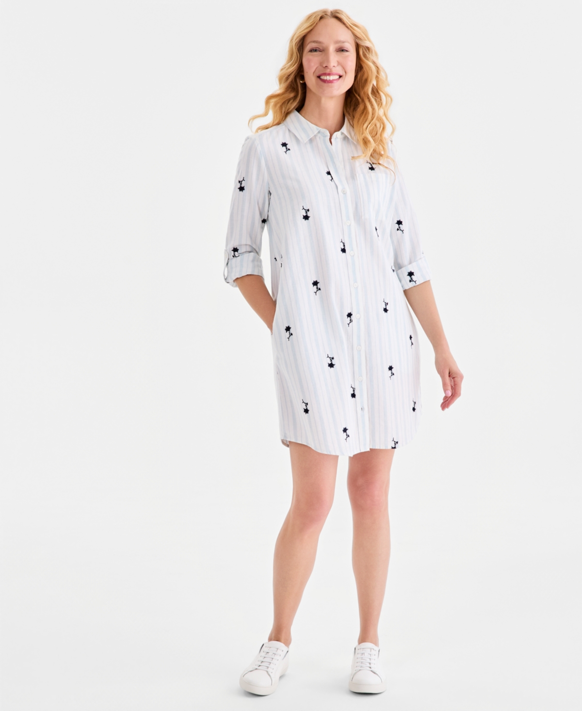 Click here for Style & Co Womens Printed Roll-Sleeve Shirtdress... prices
