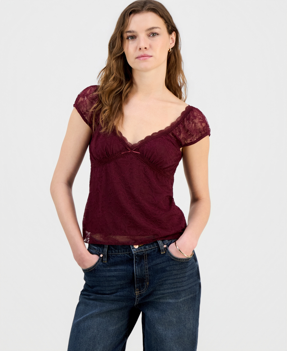 Click here for Self Esteem Juniors Lace Cap-Sleeve Top - Windsor... prices