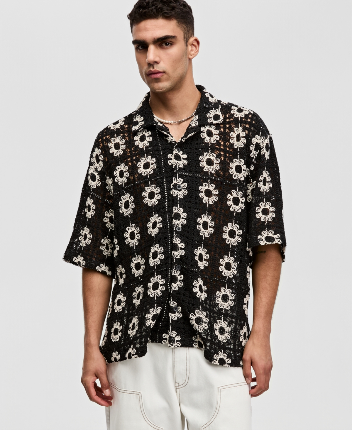 Click here for Mode of One Mens Boxy-Fit Short-Sleeve Crochet Shi... prices