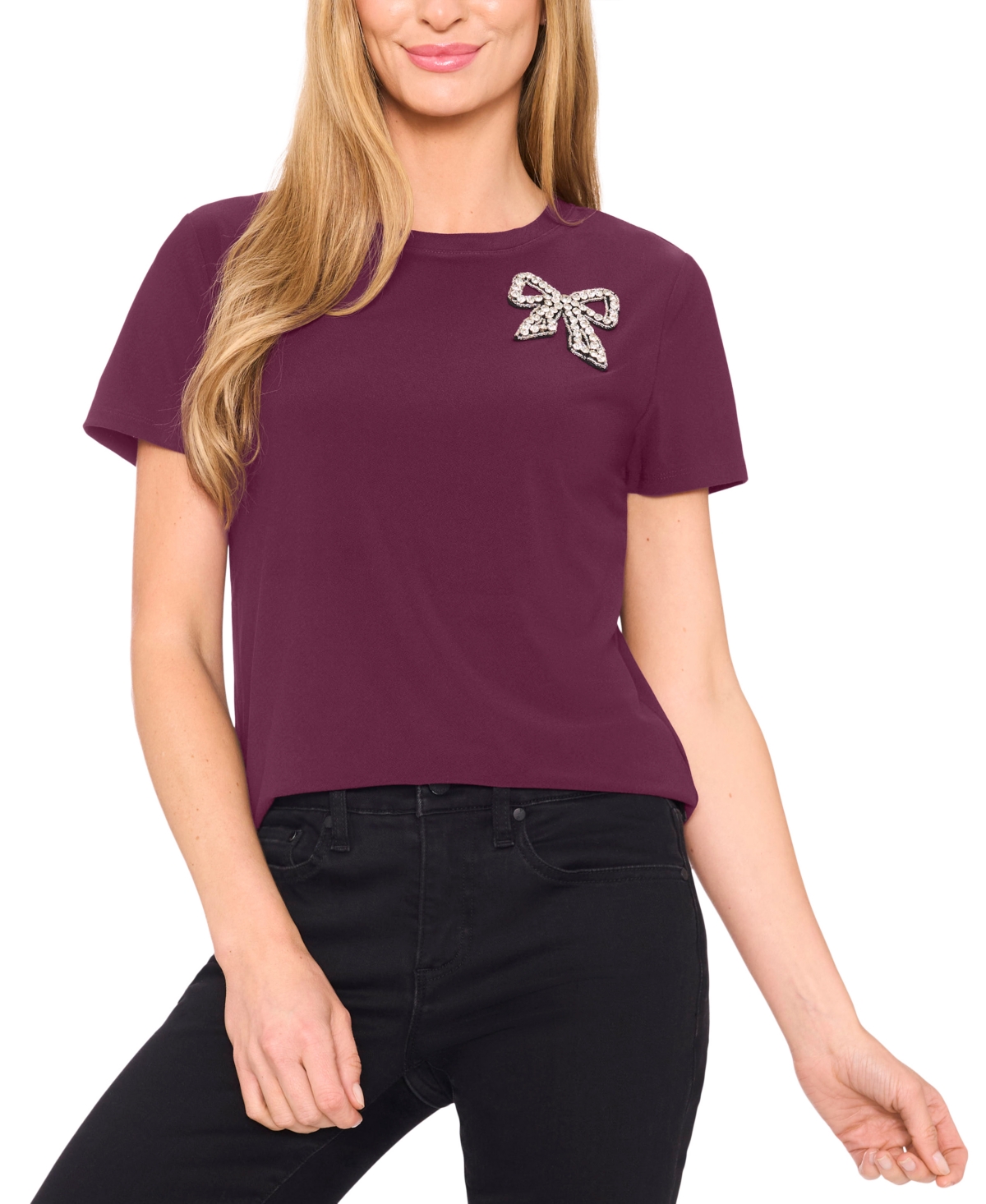 Click here for CeCe Womens Embellished Bow Tee - Potent Purple prices