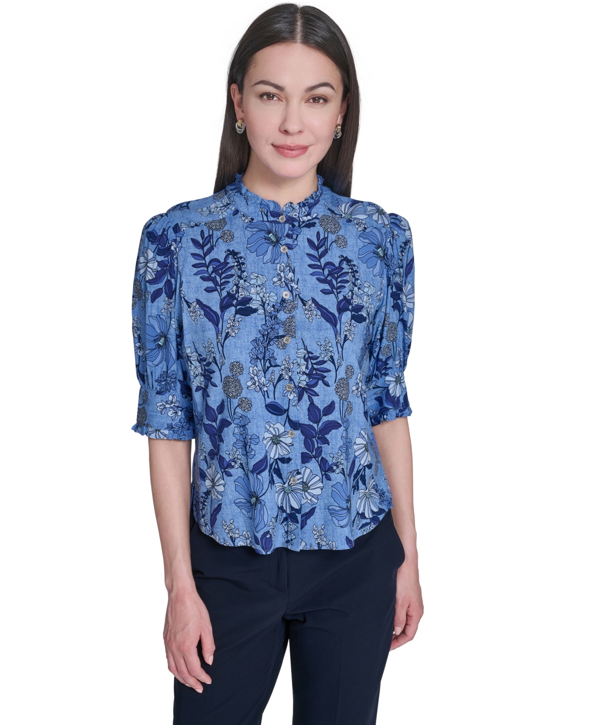 Click here for Tommy Hilfiger Womens Floral Print Elbow-Sleeve Bl... prices