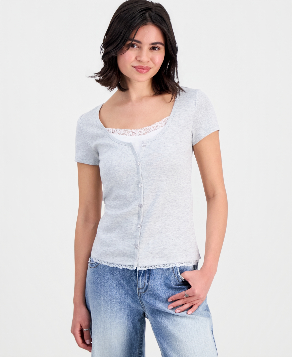 Click here for Hippie Rose Juniors Lace-Trim Layered-Look Tee - G... prices