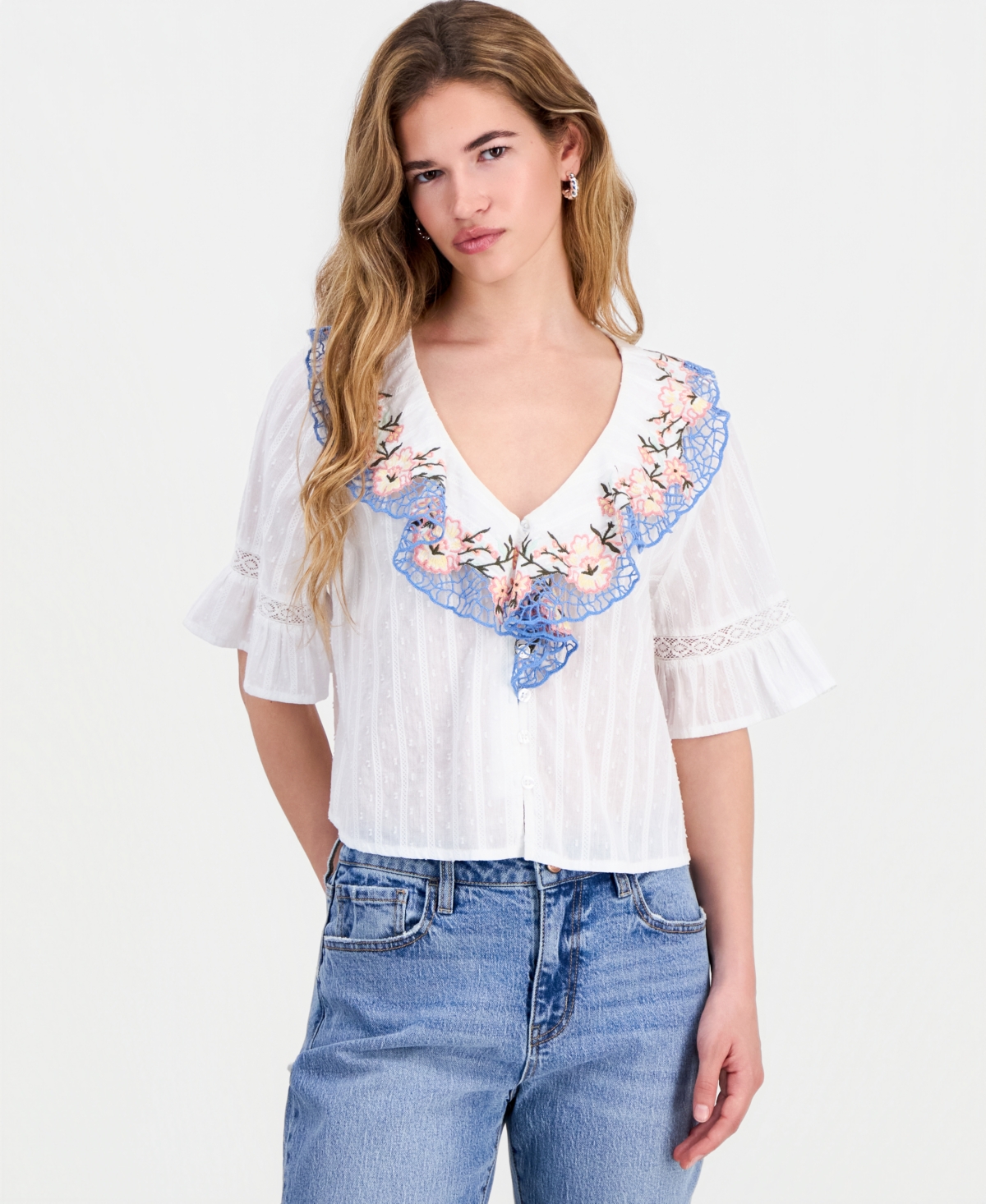 Click here for And Now This Petite Cotton Embroidered Ruffled Top... prices