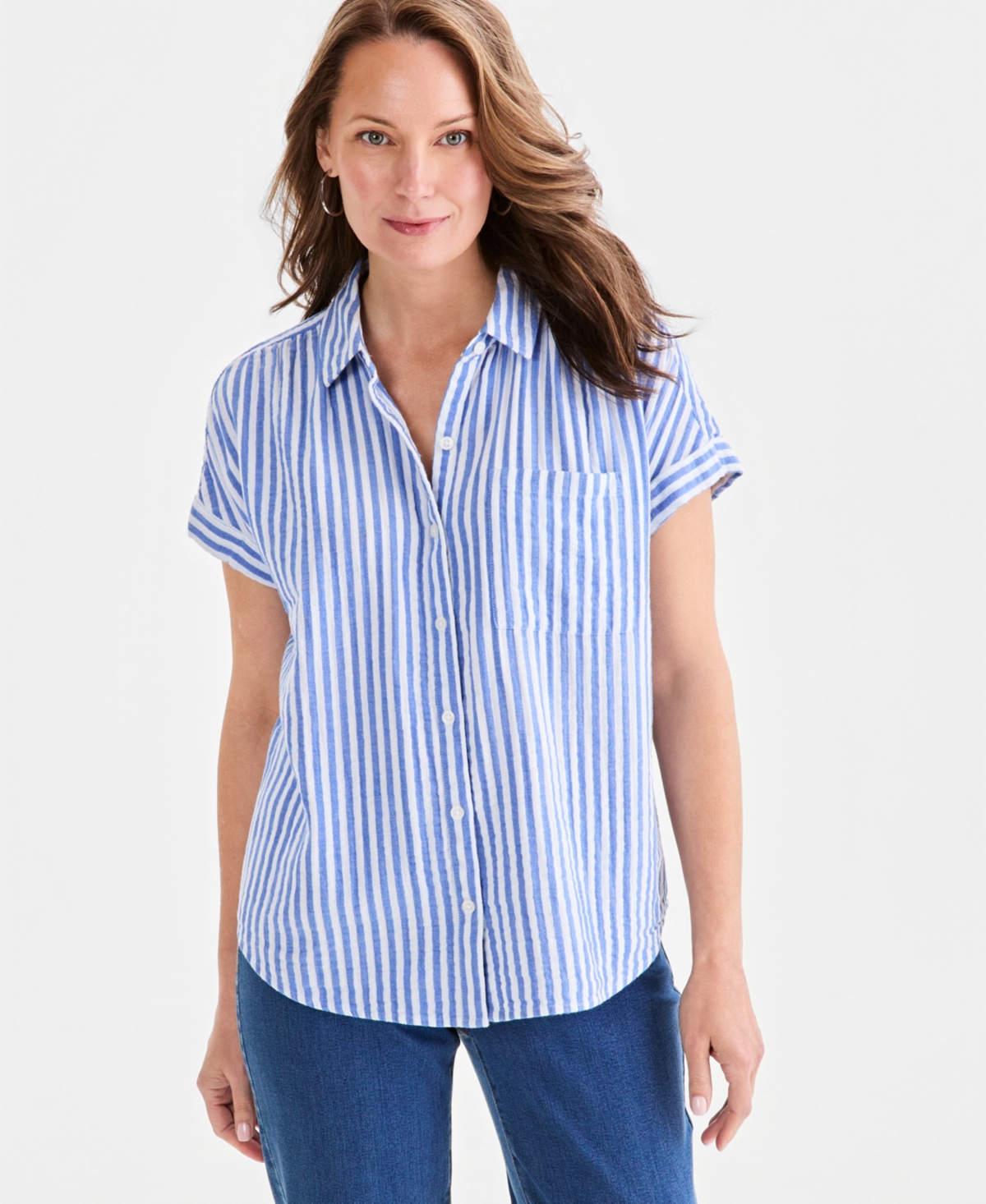 Click here for Style & Co Womens Striped Cotton Gauze Button-Up S... prices