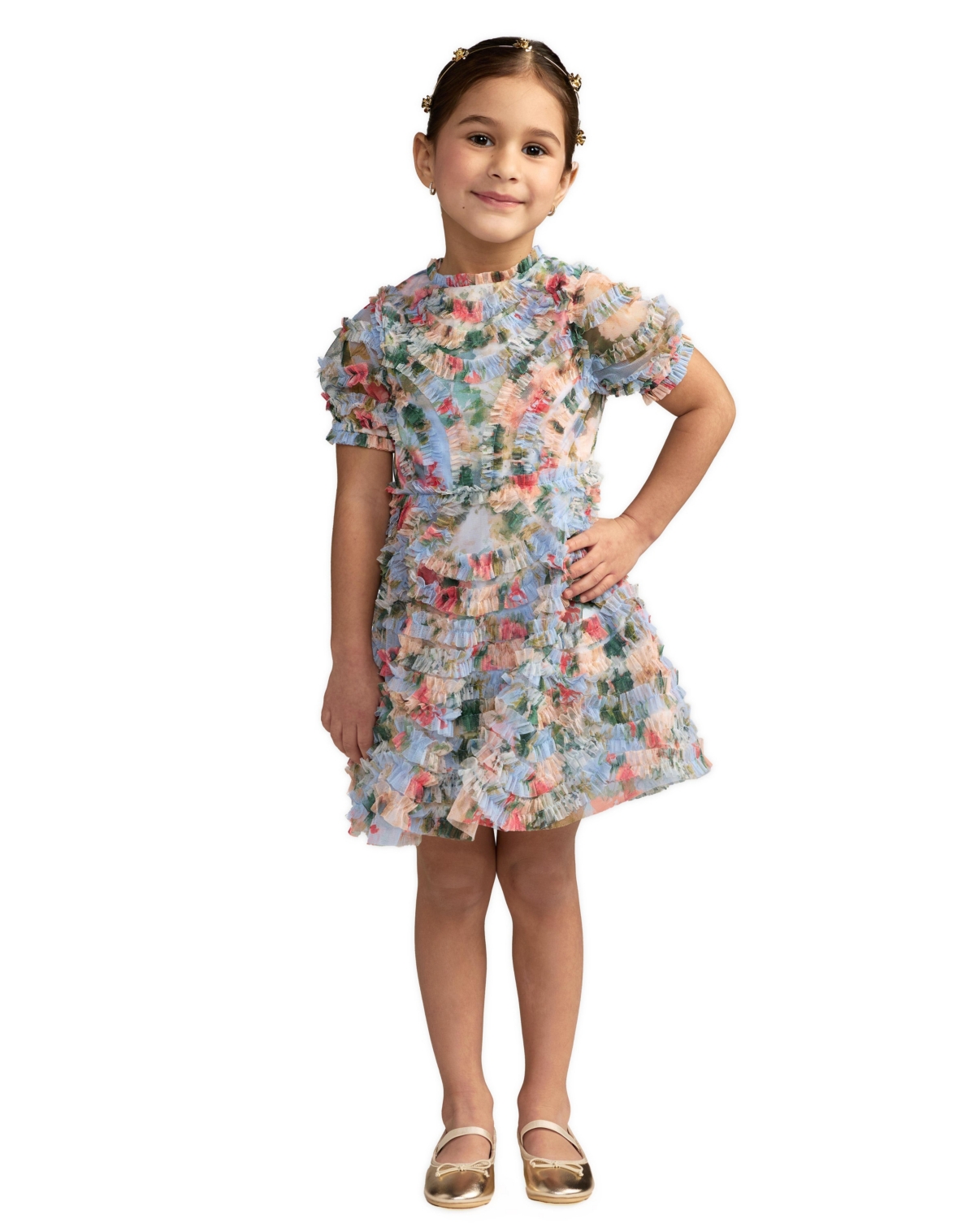 Mac Duggal Girls Floral Mesh Tiered Ruffle Puff Sleeve Party Dress - Blue multi