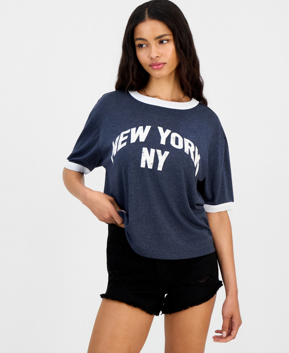 Click here for Hippie Rose Juniors Varsity Ringer T-Shirt - Navy... prices