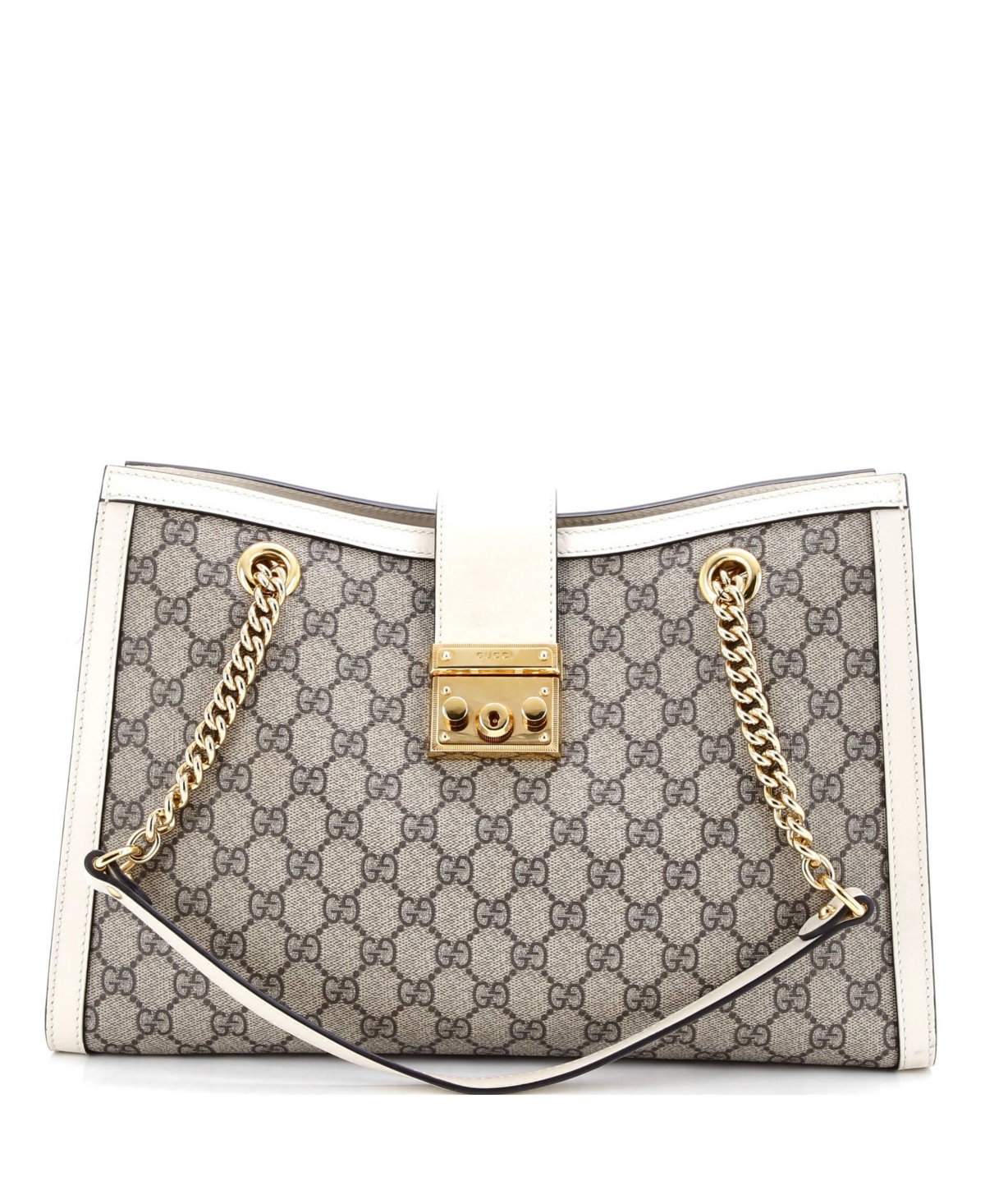 Click here for Pre-Owned Gucci Medium Padlock Chain Tote Gg Coate... prices