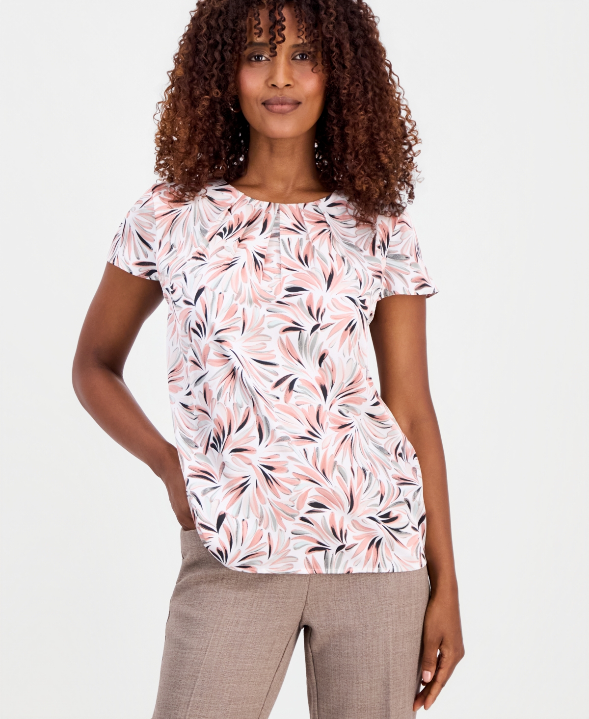 Click here for Kasper Womens Printed Pleated-Neck Cap-Sleeve Top... prices