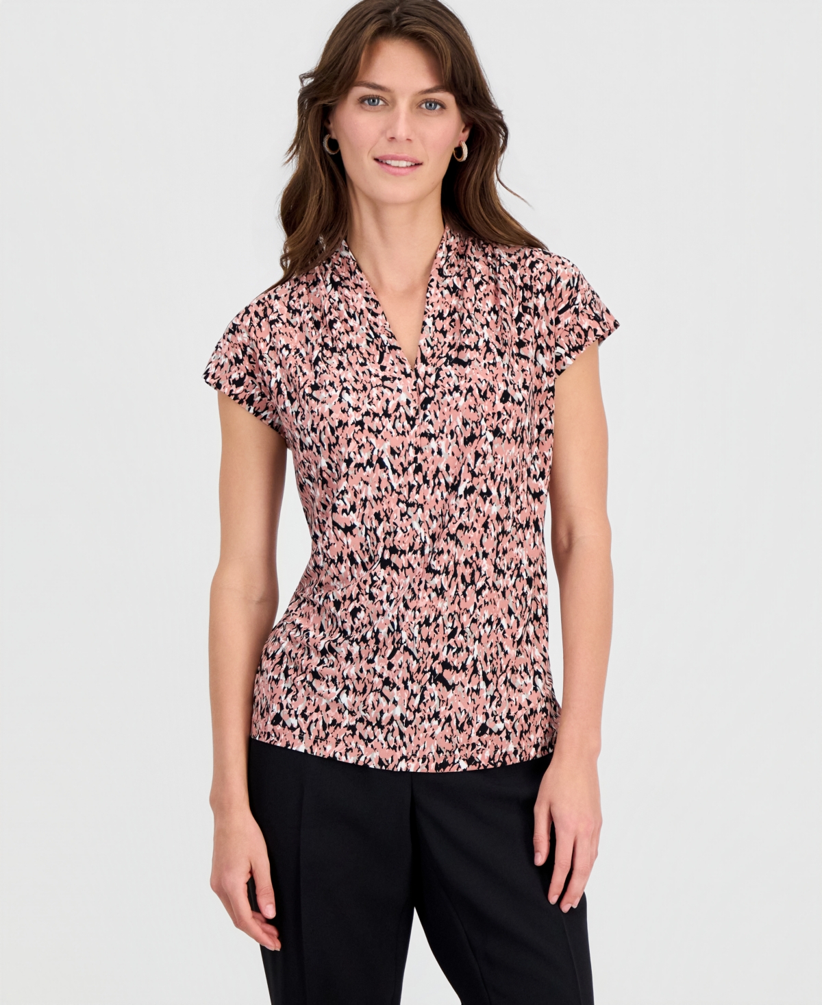 Click here for Kasper Womens Printed V-Neck Knit Top - Tearose Mu... prices