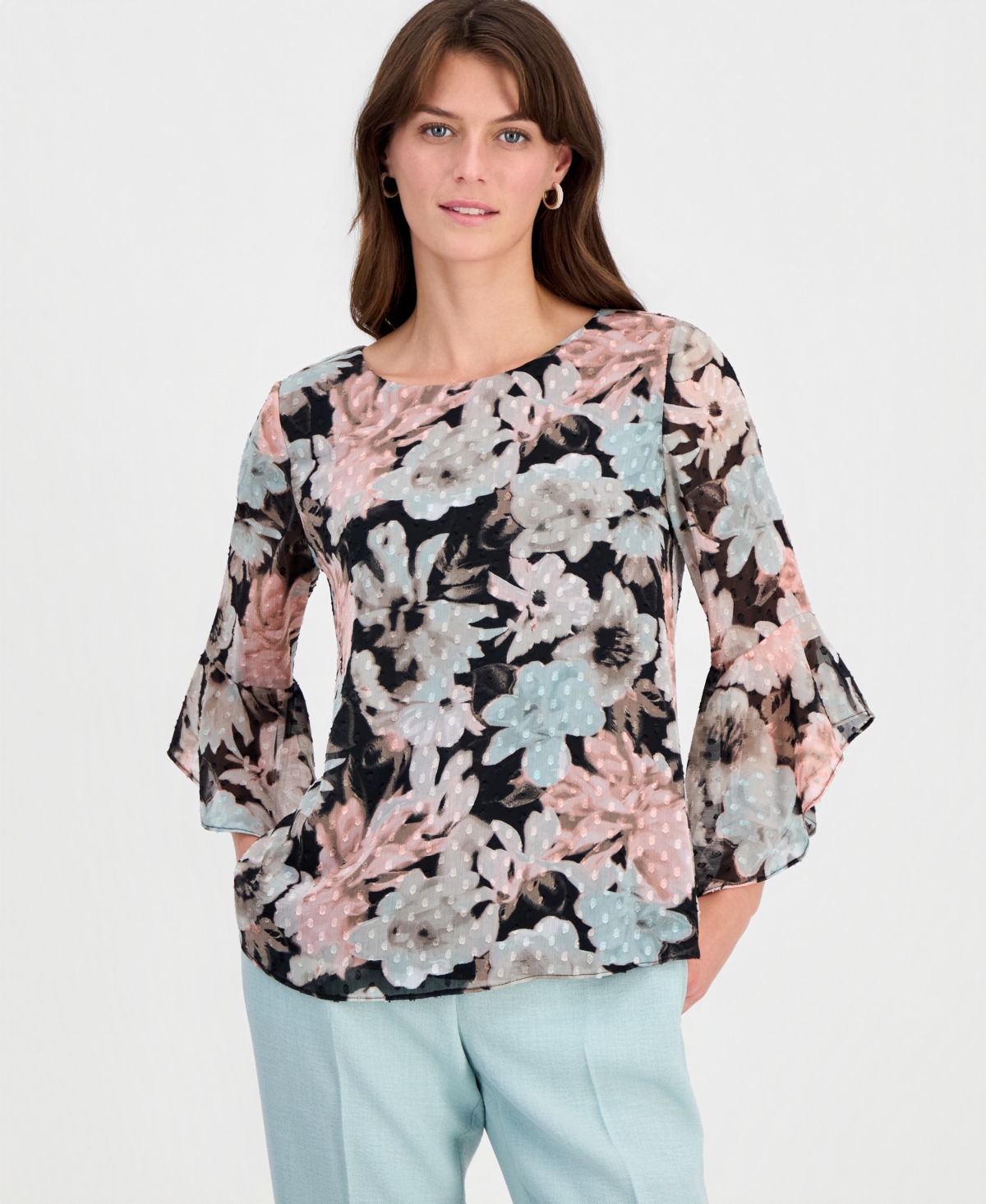 Click here for Kasper Womens Floral Clip-Dot 3/4-Sleeve Top - Bla... prices