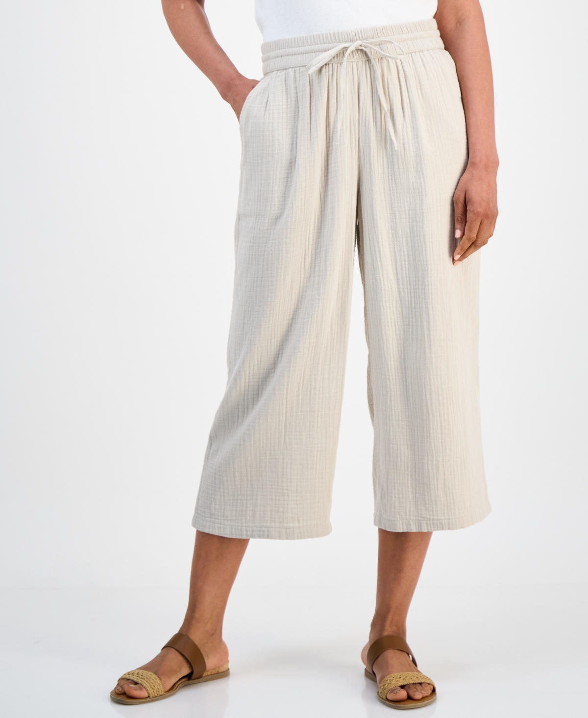 Click here for Style & Co Petite Cotton Gauze Wide-Leg Cropped Pa... prices