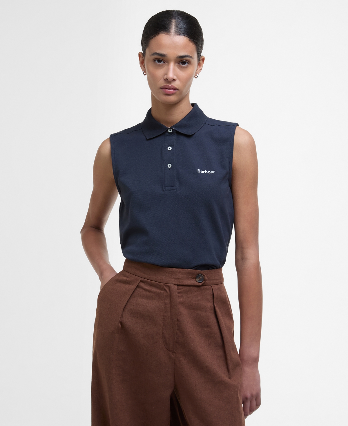 Click here for Barbour Womens Bowford Ribbed Collar Polo Top - Na... prices