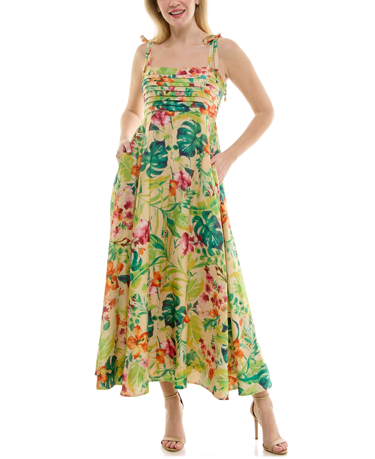 Click here for Taylor Petite Printed Square Neck Midi Dress - Oat... prices