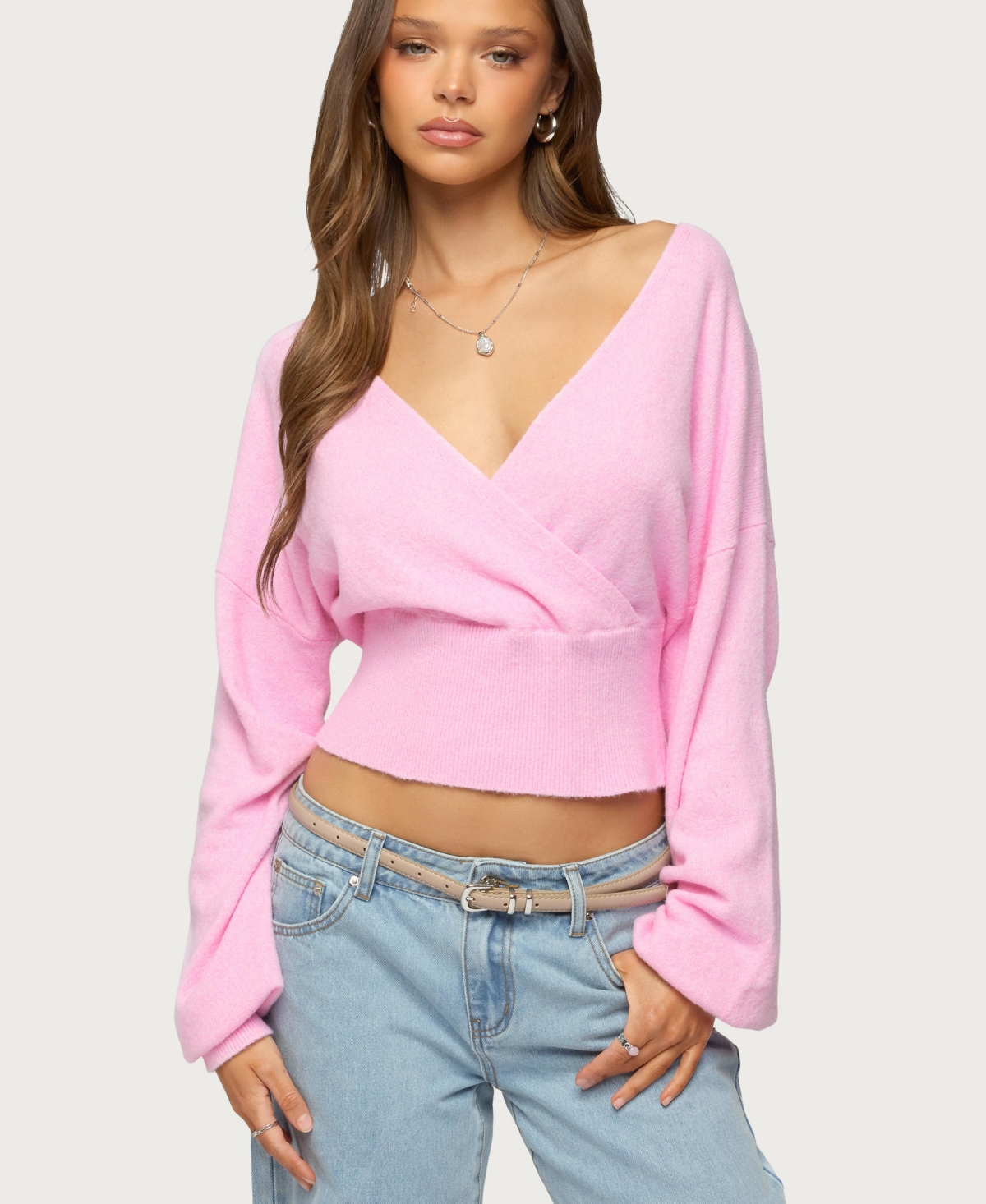 Click here for Edikted Womens Lillia V Neck Wrap Sweater - Pink prices