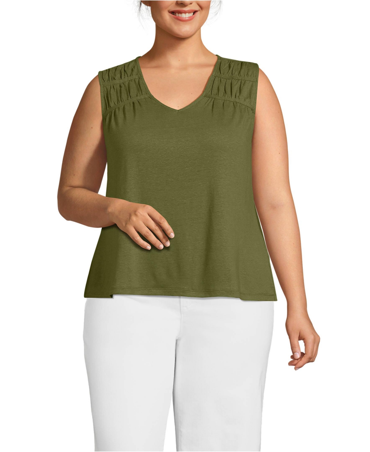 Lands End Plus Size Linen Blend Smocked Flowy Tank - Artichoke