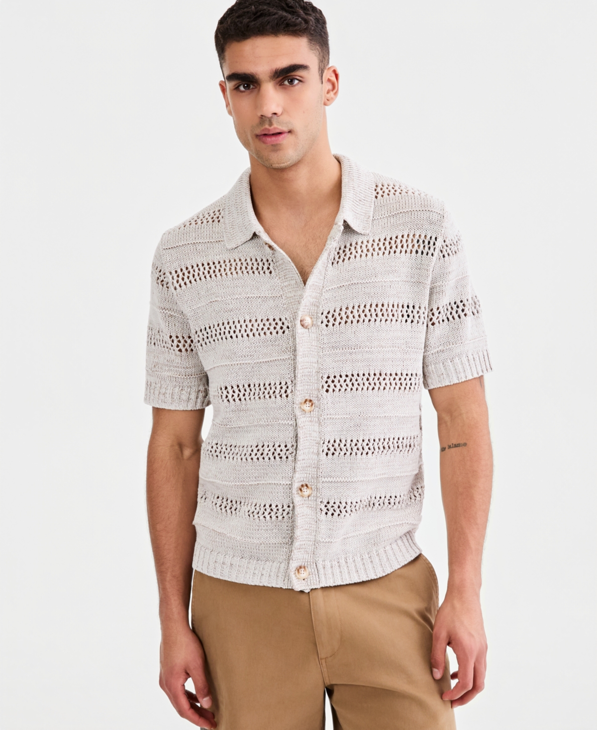 Click here for Sun + Stone Mens Striped Open-Stitch Button Sweate... prices