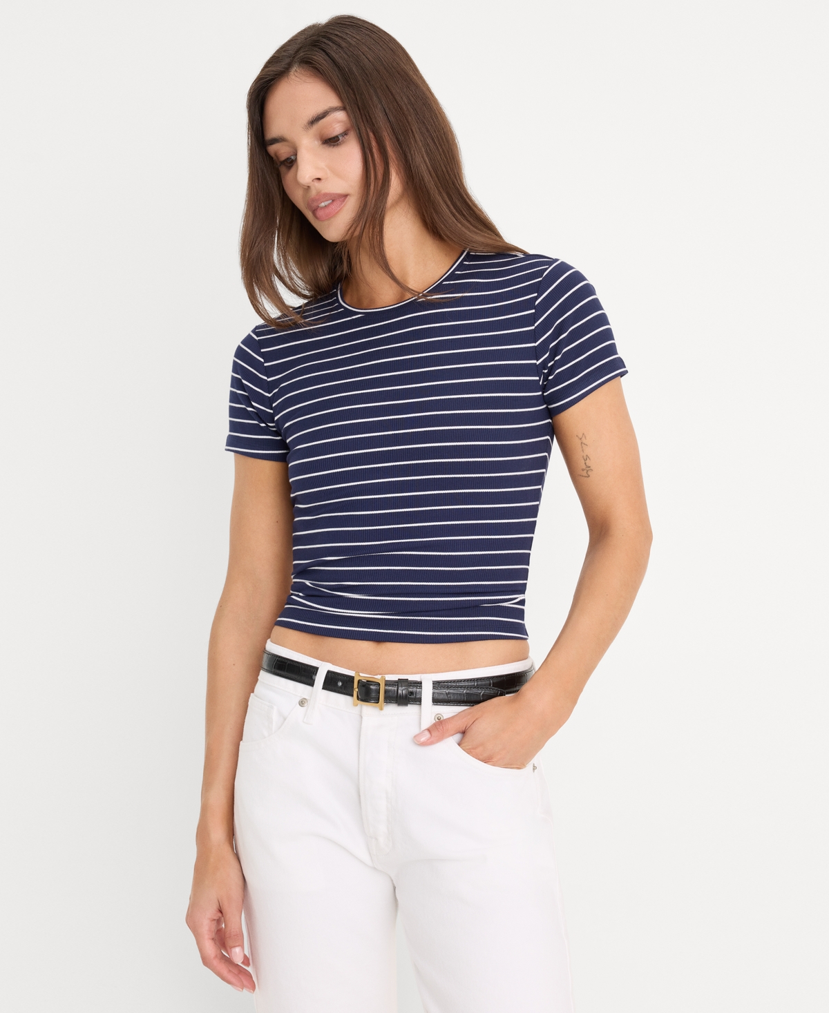 Click here for Good American Womens Striped Short-Sleeve Crop T-S... prices