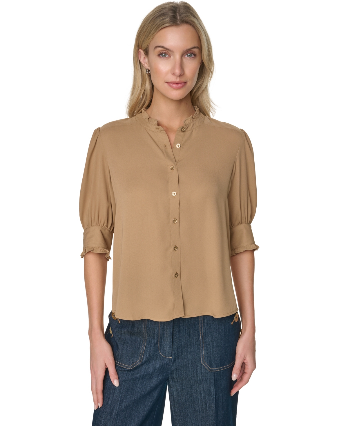 Click here for Tommy Hilfiger Womens Puff Sleeve Ruffle Collared... prices