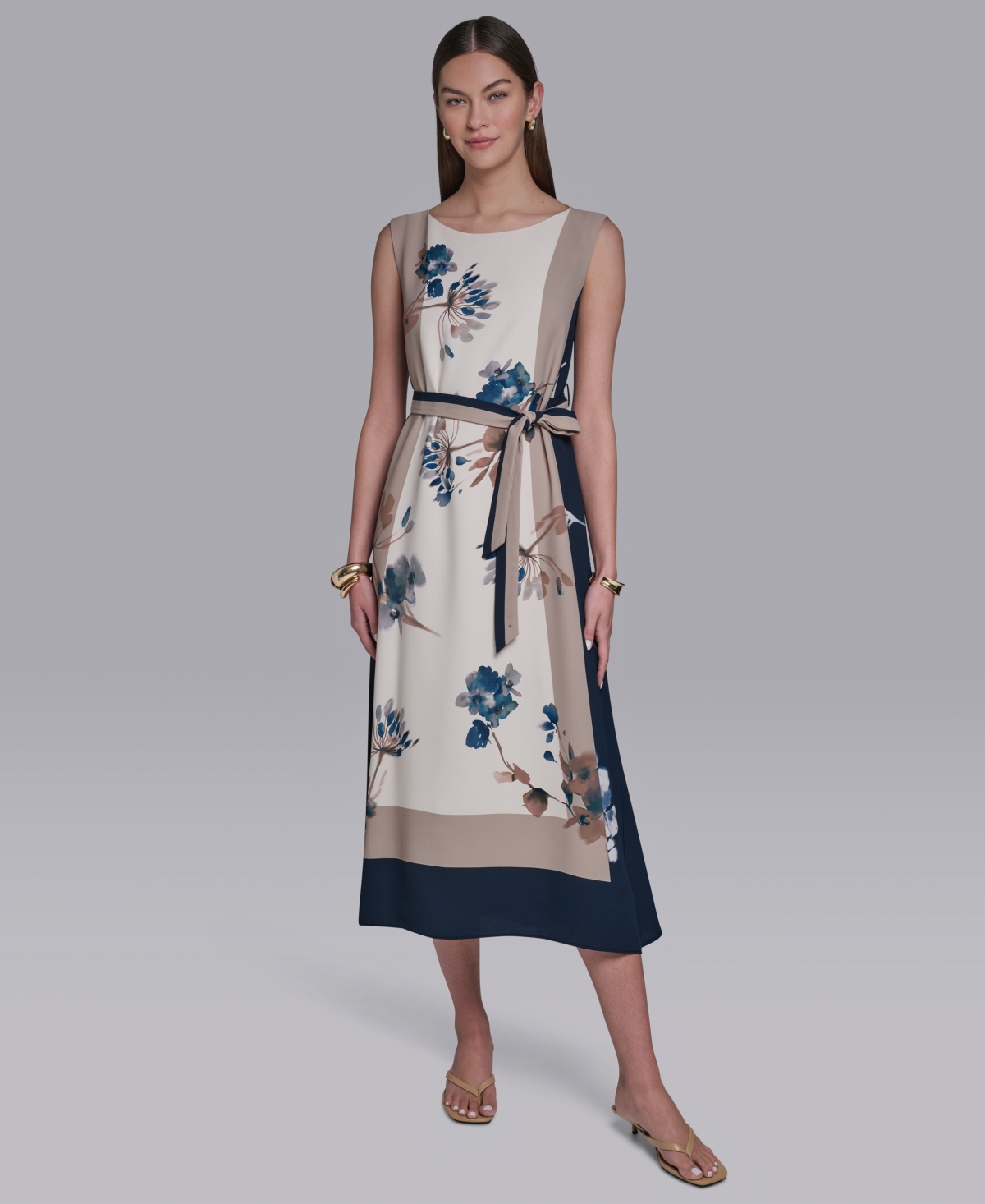 Click here for Halston Womens Sleeveless Self Belt Floral Printed... prices