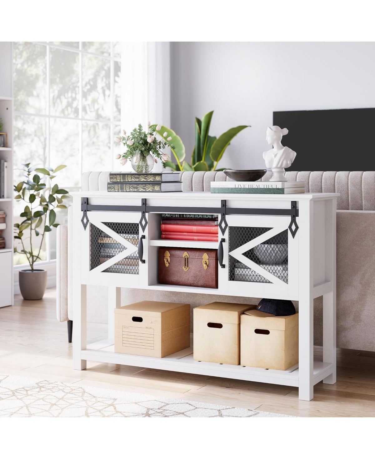 Click here for gaomon farmhouse entryway table with sliding barn... prices