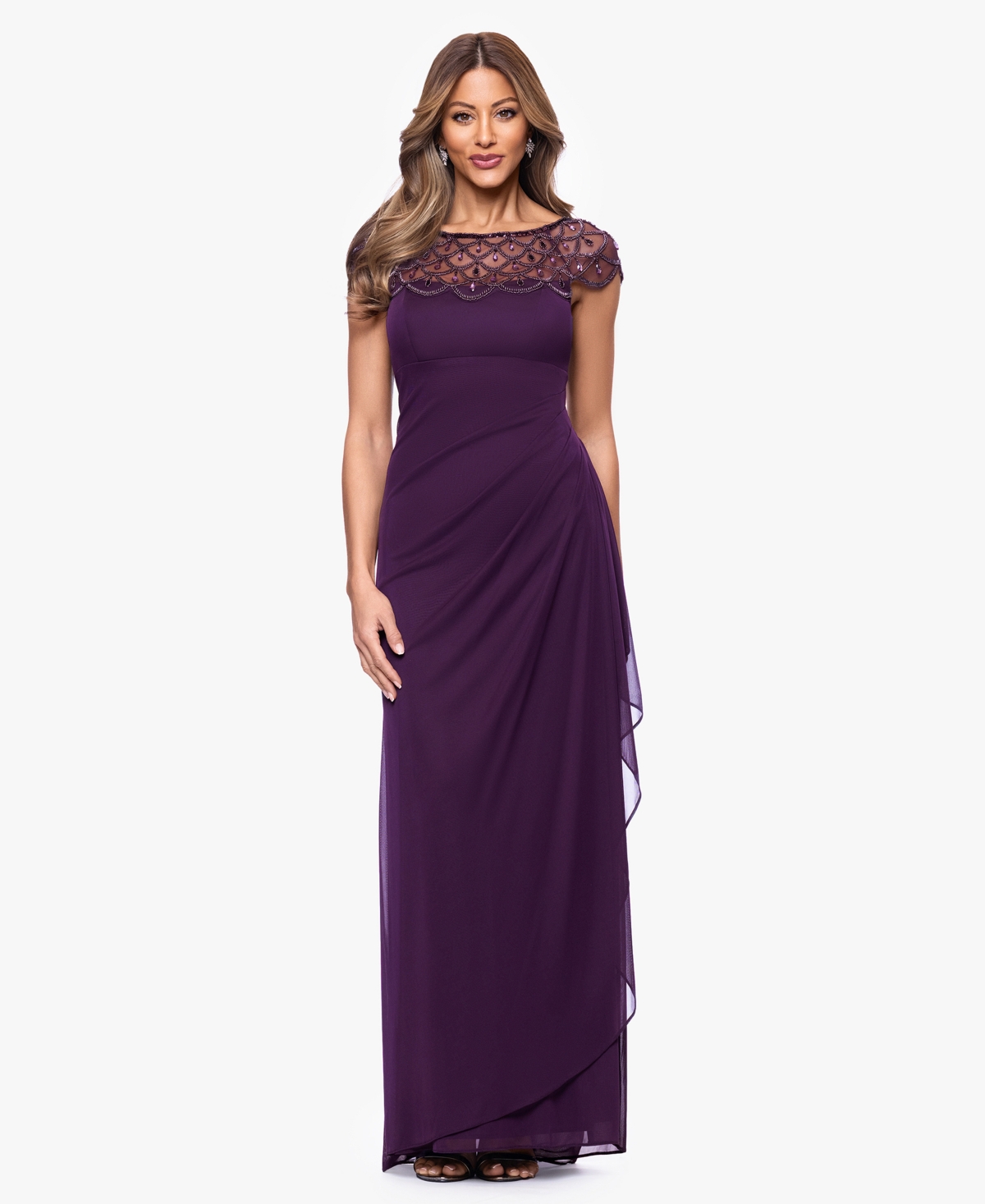 Click here for Xscape Petite Short-Sleeve Boat Neck Dress - Plum prices