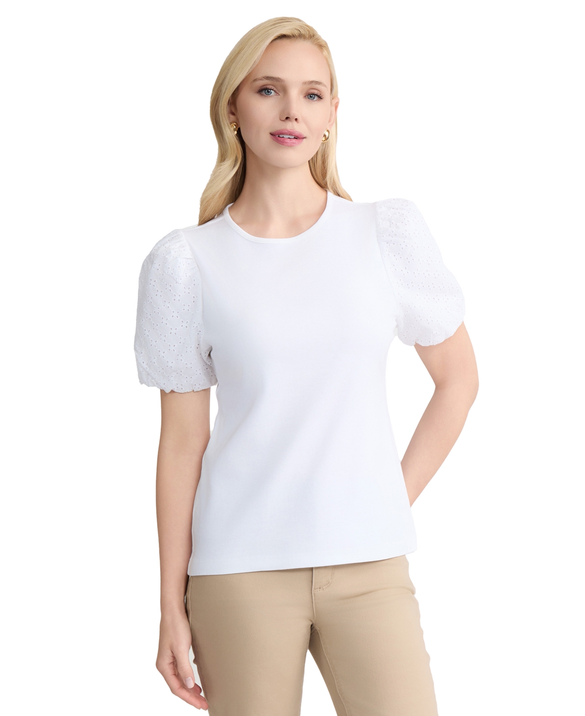 Click here for Jones New York Womens Eyelet Puff-Sleeve Crew Neck... prices