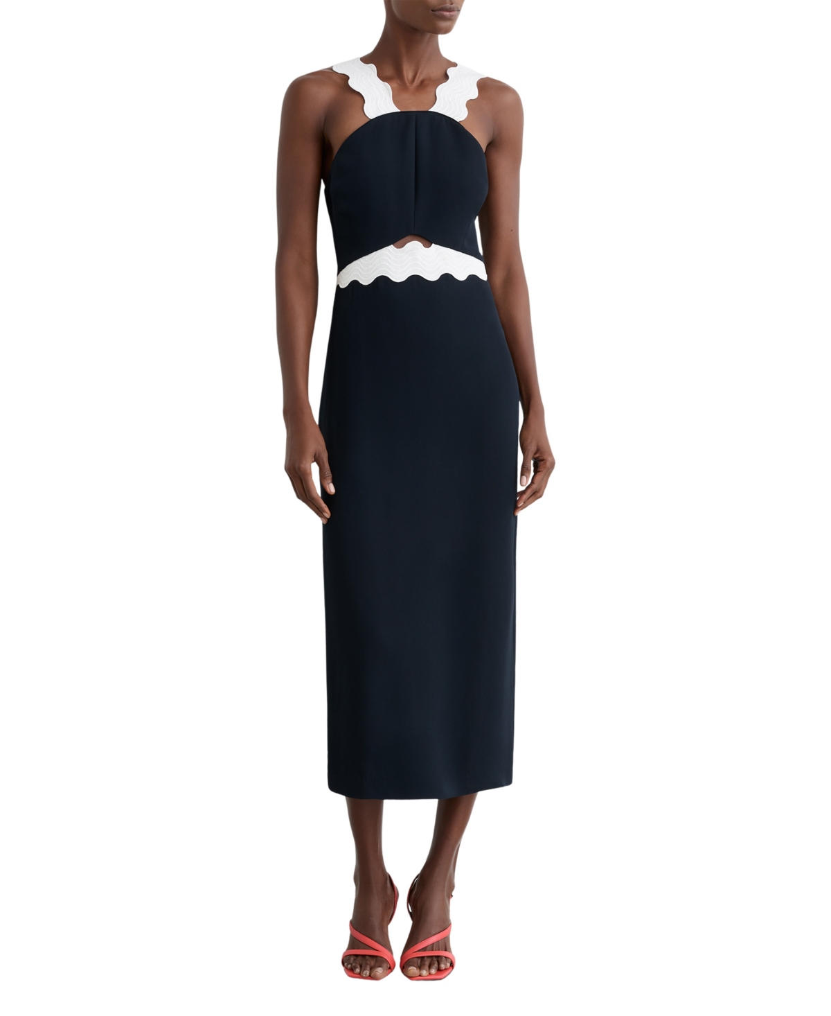 Click here for Reiss Womens Dillon Contrast Wave-Trim Fitted Midi... prices