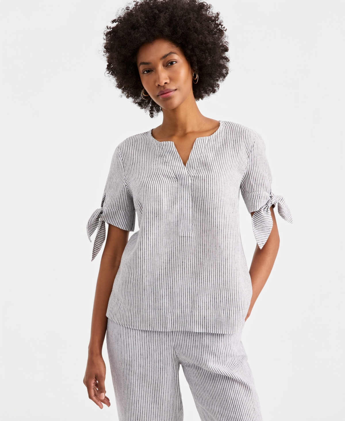 Click here for Charter Club Womens 100 Linen Split-Neck Tie-Cuff... prices