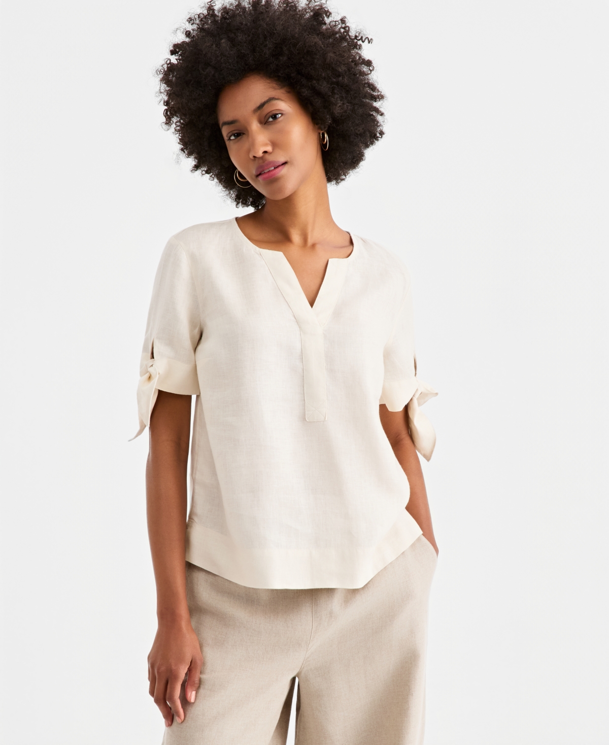 Click here for Charter Club Womens 100 Linen Split-Neck Tie-Cuff... prices