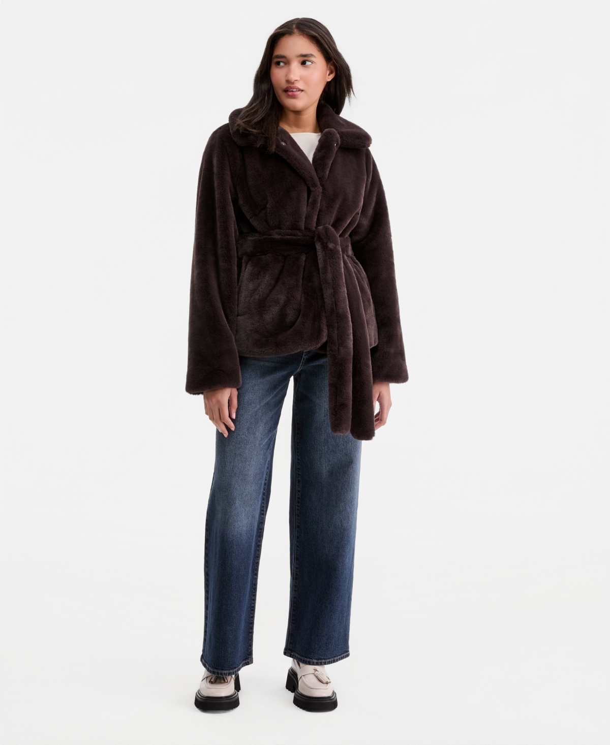Click here for Sebby Womens Faux-Fur Belted Lined Coat - Brown prices