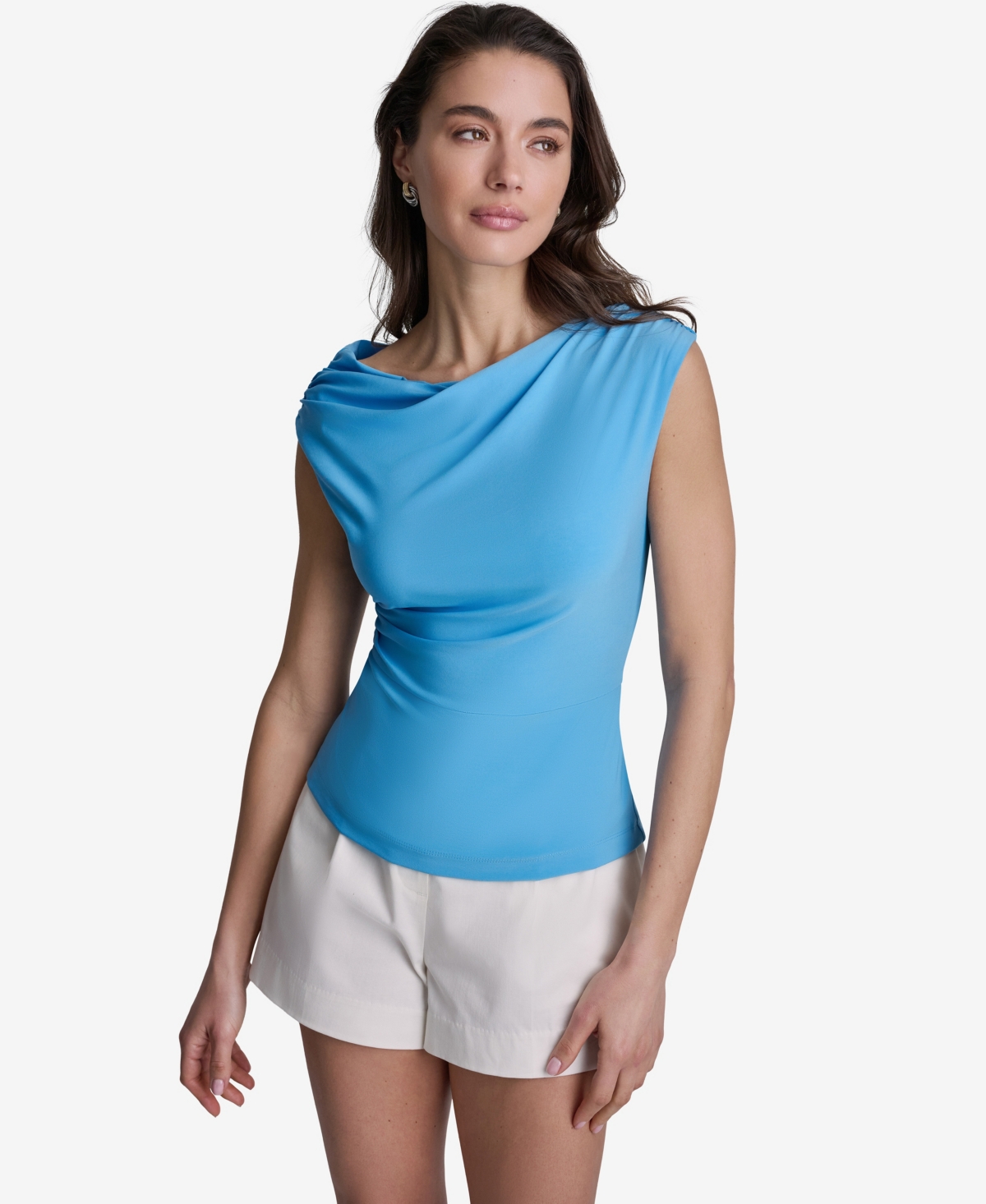 Click here for Bcbg Womens Sleeveless Ruched Boat Neck Top - Blue prices