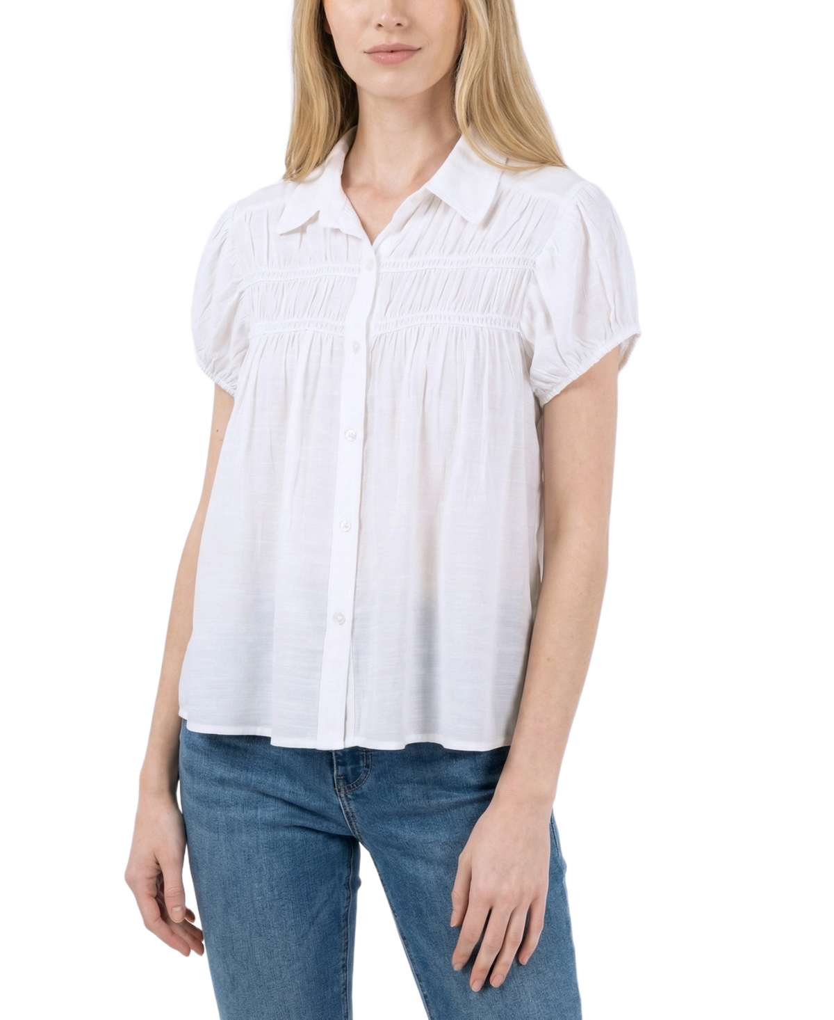 Click here for Ny Collection Womens Cap Sleeve Rouched Yoke Top -... prices