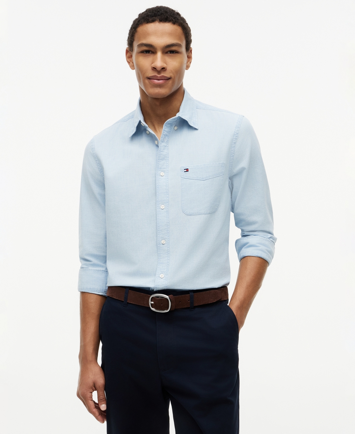 Click here for Tommy Hilfiger Mens Chambray Solid Shirt - Light B... prices