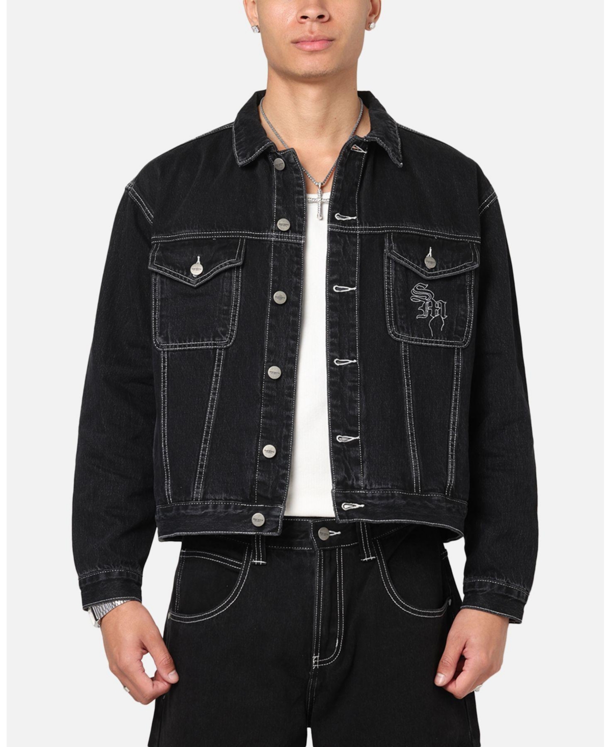 Click here for Saint Morta Mens Fray Trucker Denim Jacket - Black prices