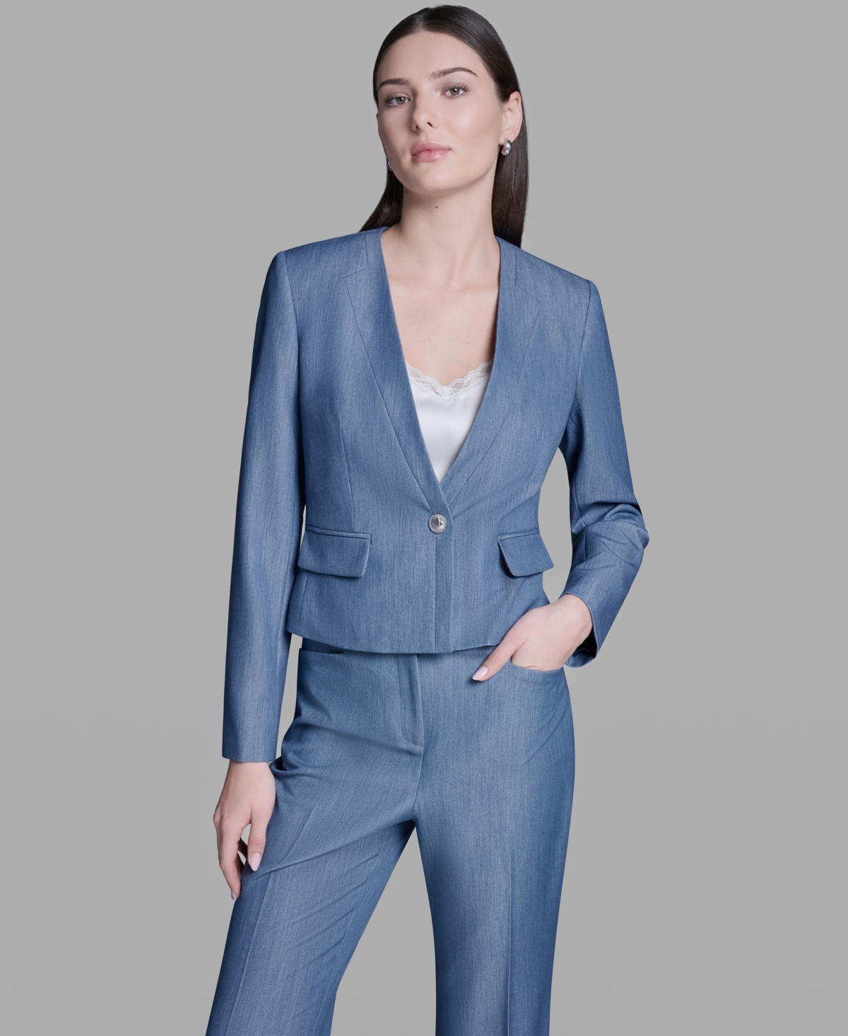 Click here for Bcbg Womens One-Button Faux Denim Jacket - Light B... prices