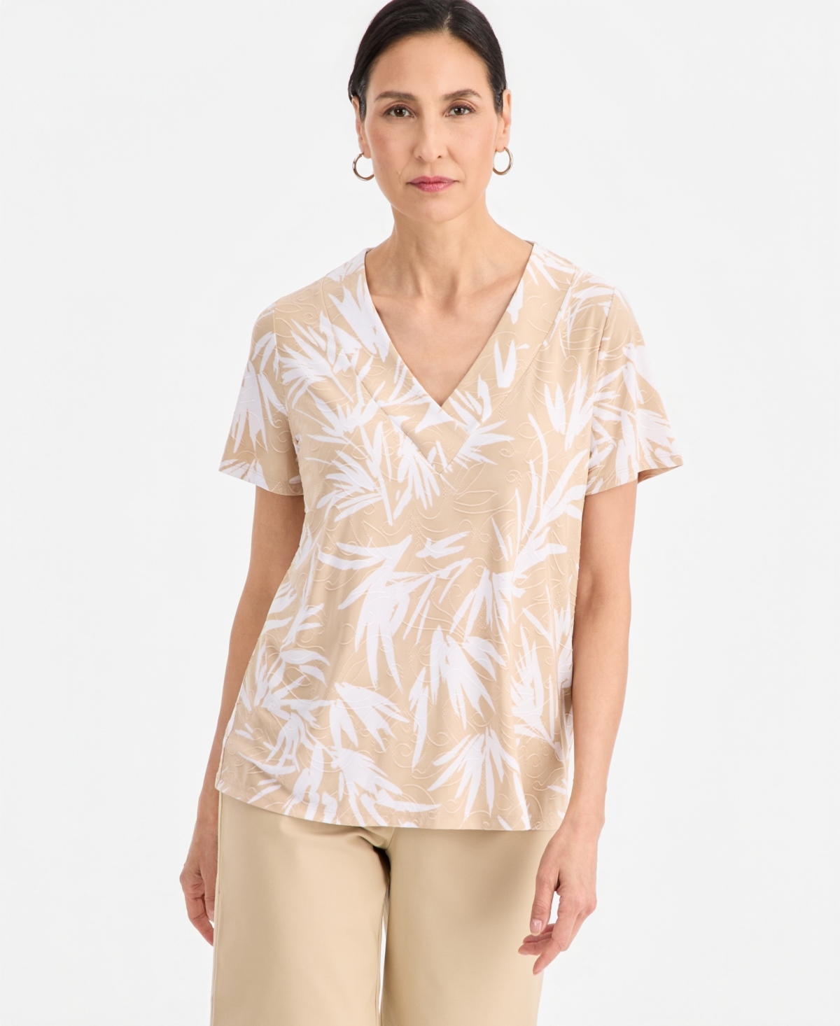 Click here for Jm Collection Petite Expressive Palms V-Neck Top... prices