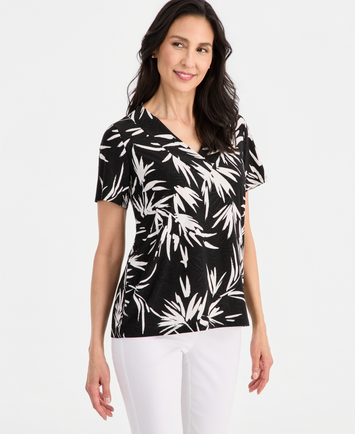 Click here for Jm Collection Womens Printed Short Sleeve V-Neck J... prices