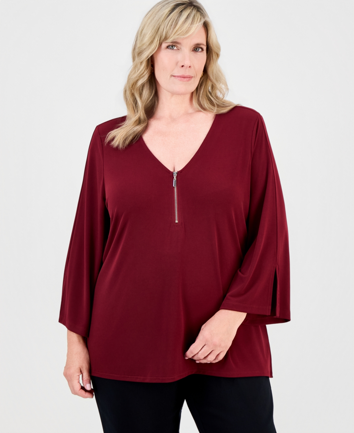 Click here for Jm Collection Plus Size Bell-Sleeve Zip-Neck Top... prices