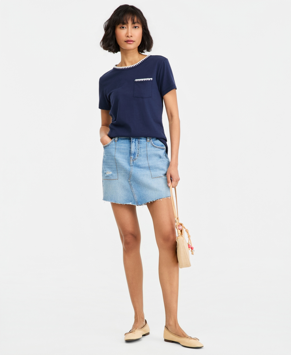 Click here for On 34th Womens Mid-Rise Raw-Edge-Hem Mini Denim Sk... prices