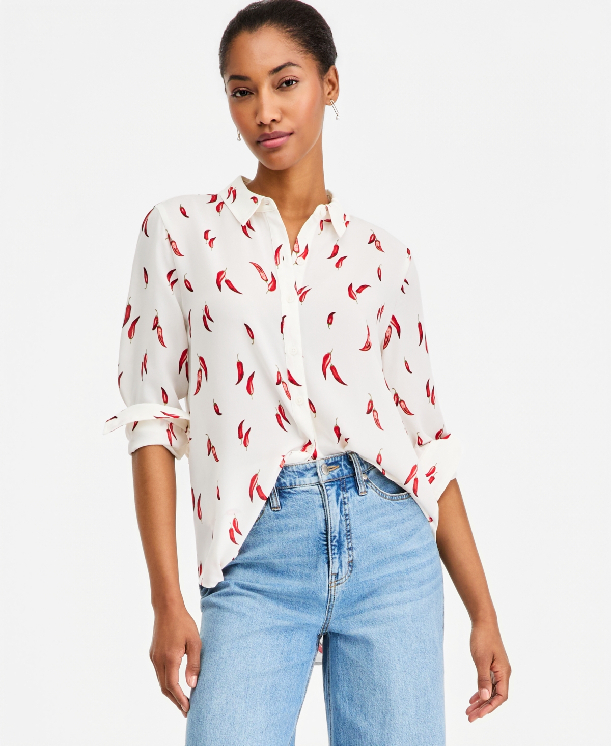 On 34th Womens Button-Front Crepe Shirt  Created for Macys - Chili Pepper Combo