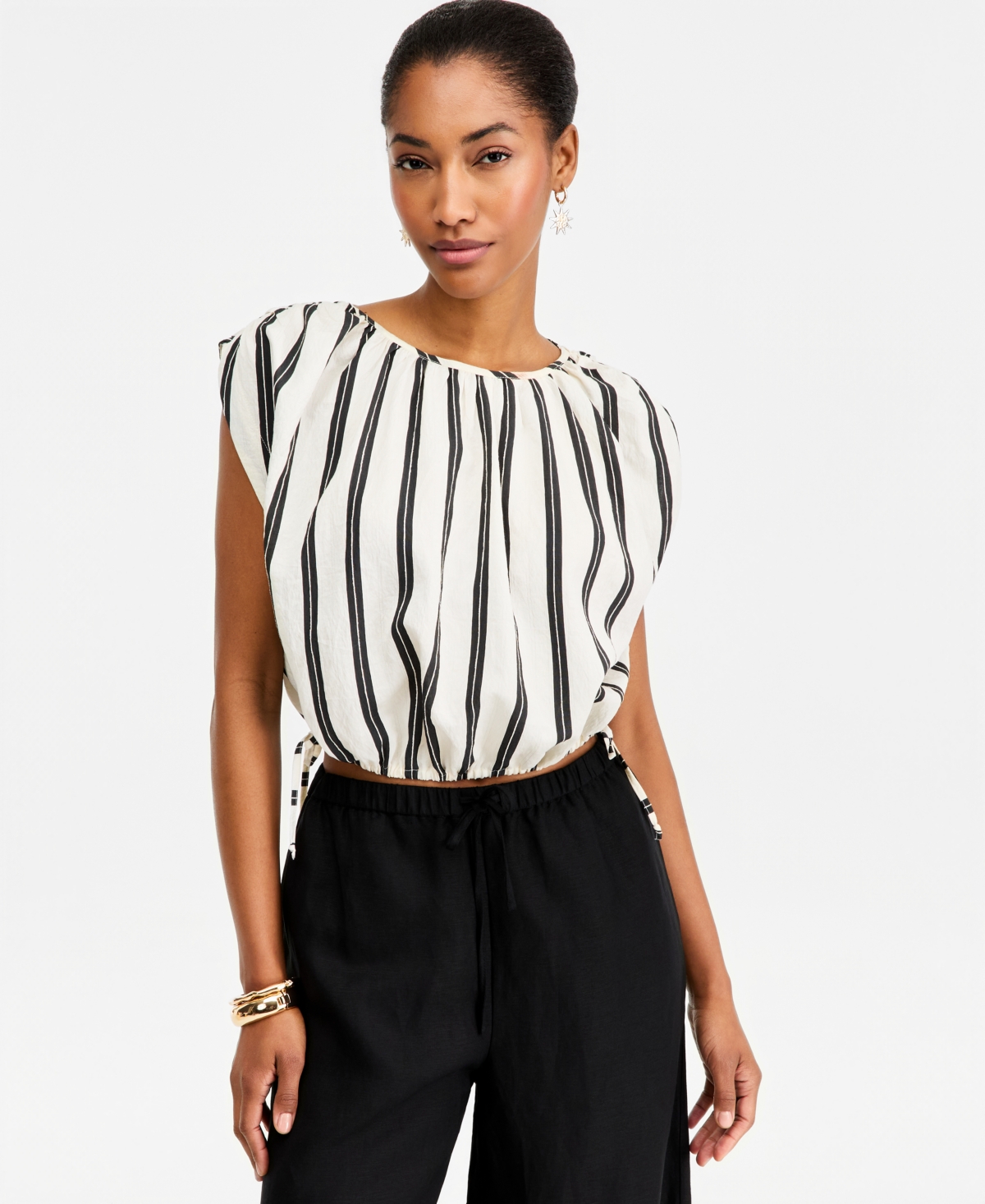 Click here for On 34th Womens Emma Striped Side-Tie Crop Bubble T... prices