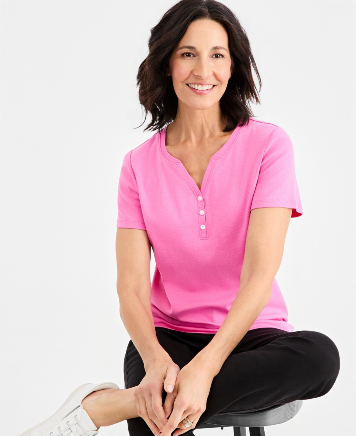 Click here for Style & Co Womens Short-Sleeve Cotton Henley Top... prices