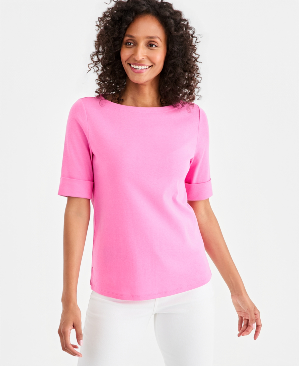 Click here for Style & Co Petite Cotton Elbow-Sleeve Boat-Neck To... prices